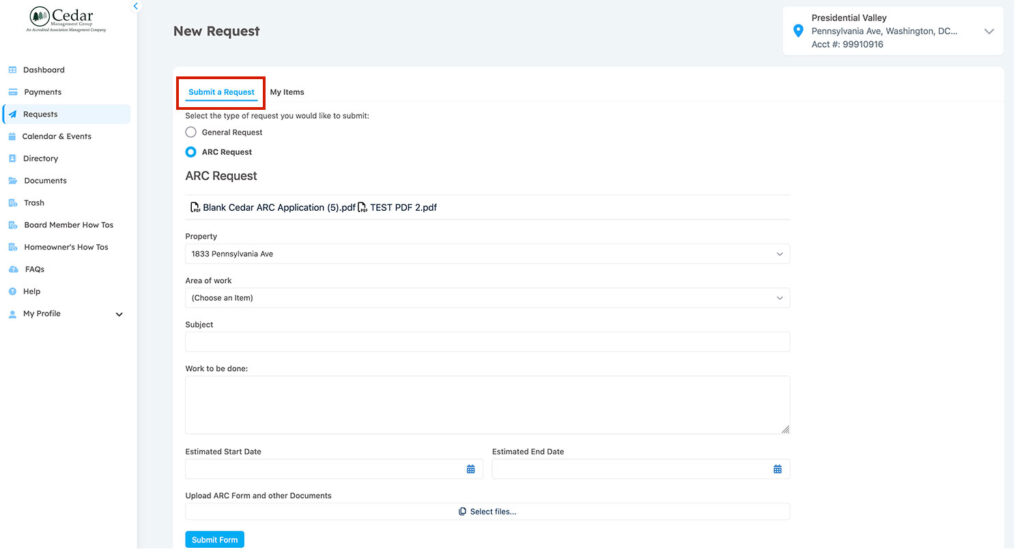 ARC Request Form | Cedar Management Group